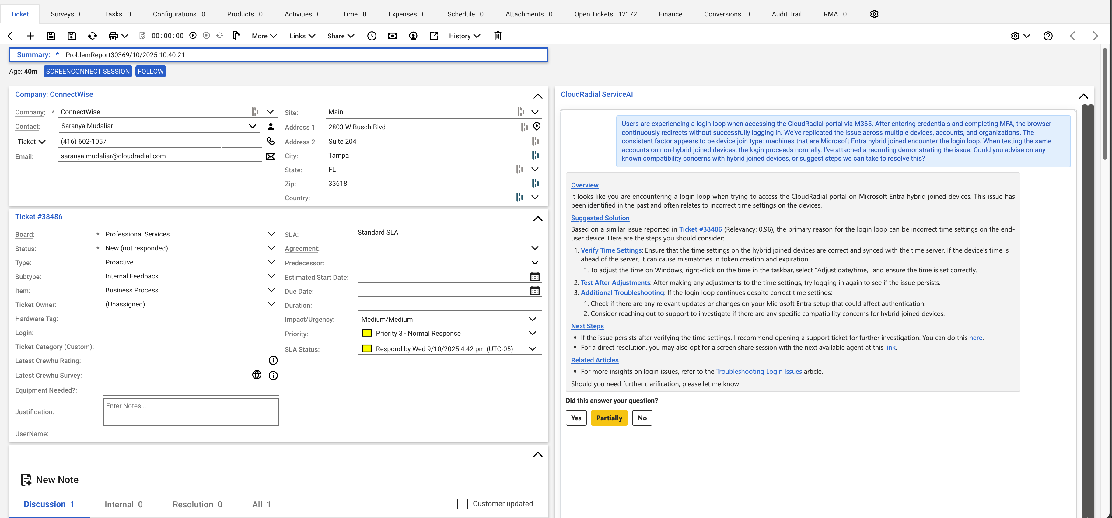 Setting Up Orion AI in a ConnectWise PSA Ticket Pod – CloudRadial